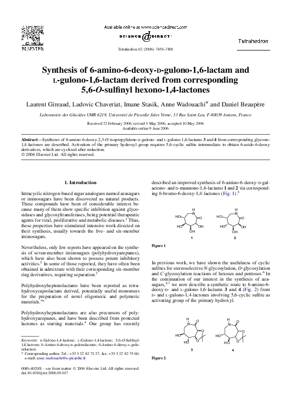 (PDF) Synthesis of 6-amino-6-deoxy-d-gulono-1,6-lactam and l-gulono-1,6 ...