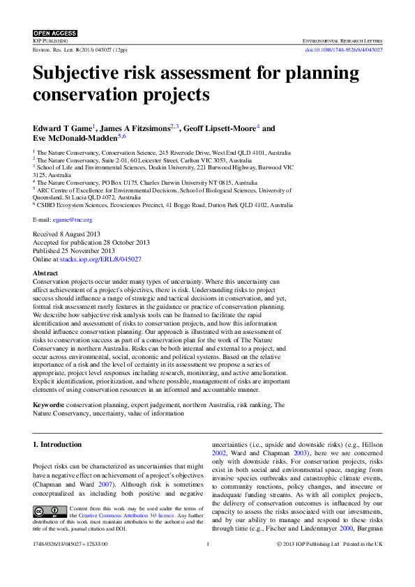 (PDF) Subjective risk assessment for planning conservation projects