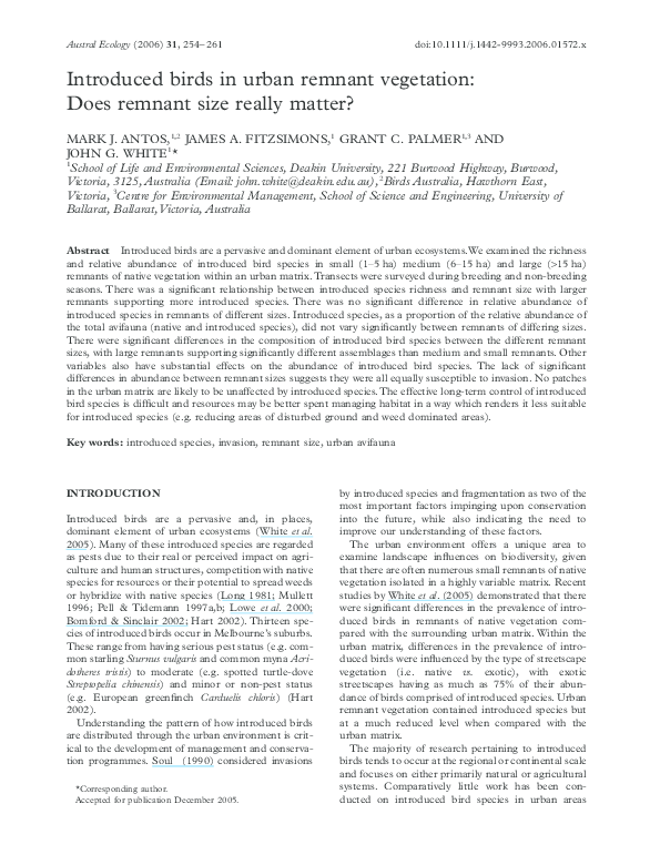 (PDF) Introduced birds in urban remnant vegetation: Does remnant size ...