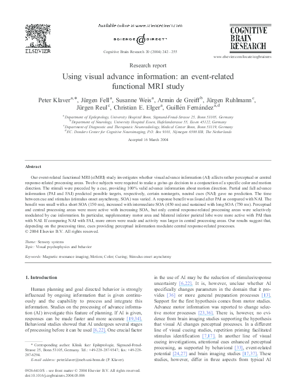 (PDF) Using visual advance information: an event-related functional MRI ...