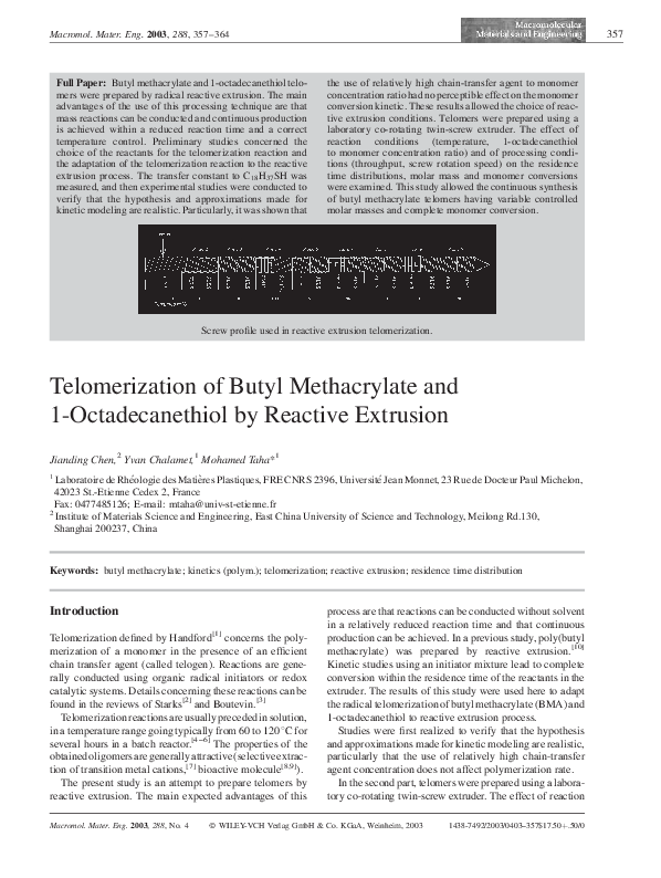 (PDF) Telomerization of Butyl Methacrylate and 1-Octadecanethiol by ...