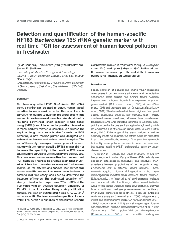 (PDF) Detection and quantification of the human-specific HF183 ...
