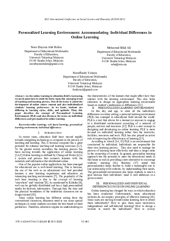 (PDF) Personalized Learning Environment: Accommodating Individual ...