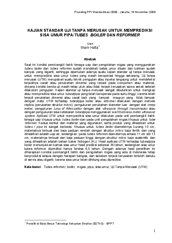 KAJIAN STANDAR UJI TANPA MERUSAK UNTUK MEMPREDIKSI SISA UMUR PIPA/TUBES ...