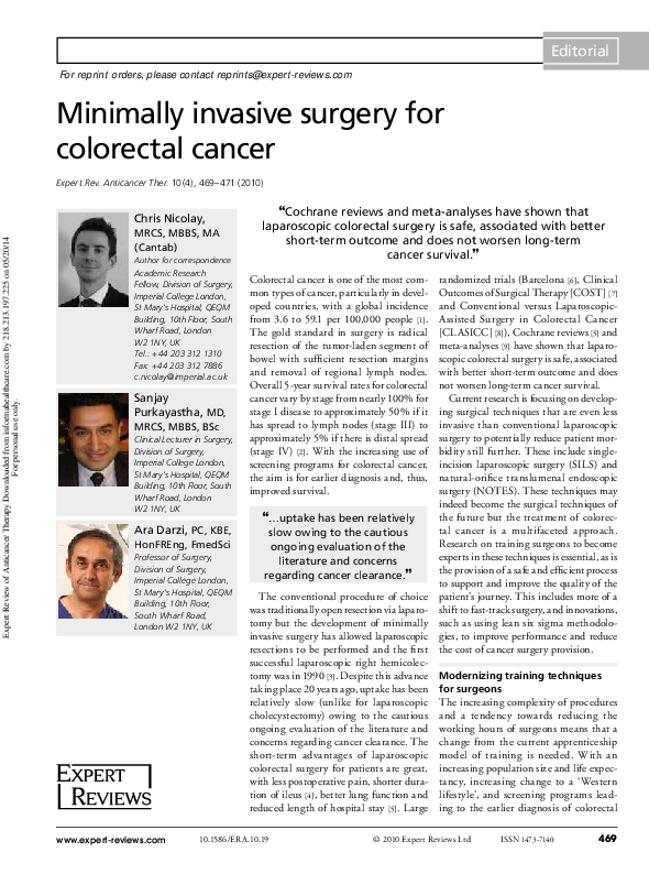 (PDF) Minimally invasive surgery for colorectal cancer: quality of life, body image, cosmesis ...