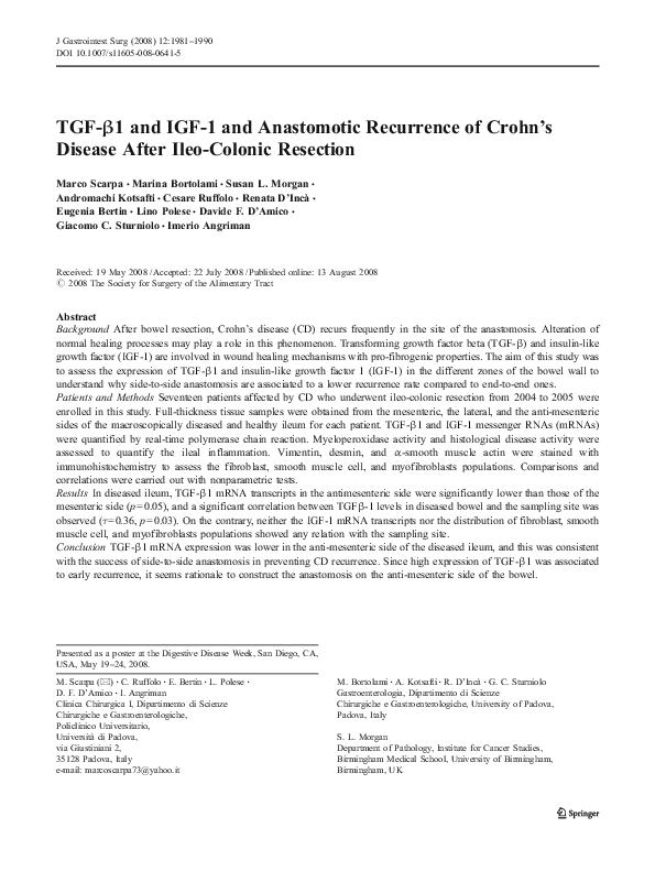 (PDF) TGF-β1 and IGF-1 and Anastomotic Recurrence of Crohn’s Disease ...