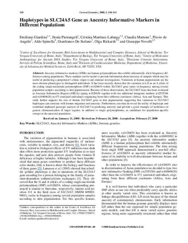 (PDF) Haplotypes in SLC24A5 Gene as Ancestry Informative Markers in ...