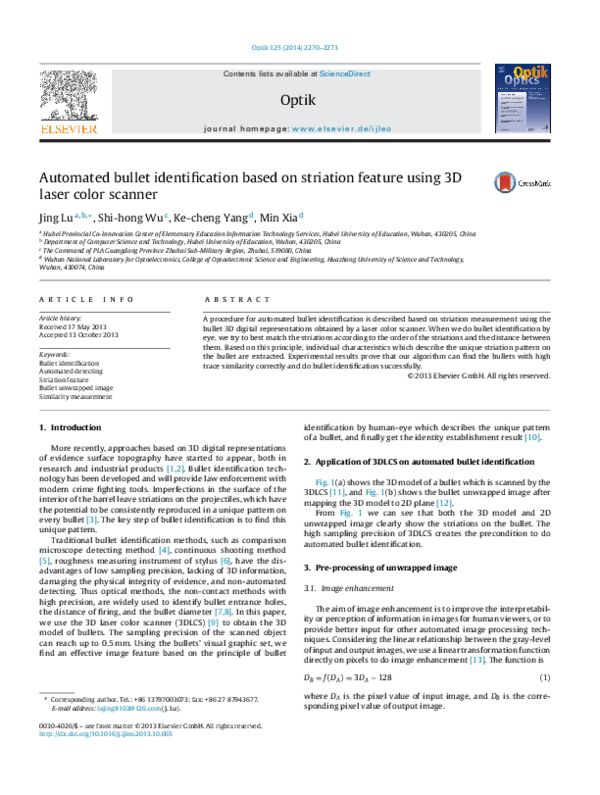 (PDF) Automated bullet identification based on striation feature using 3D laser color scanner