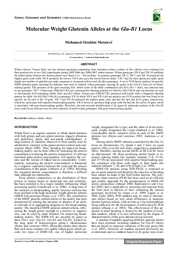 Molecular Weight Glutenin Alleles at the Glu-B1 Locus