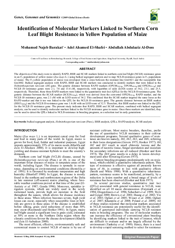 Identification of Molecular Markers Linked to Northern Corn Leaf Blight ...