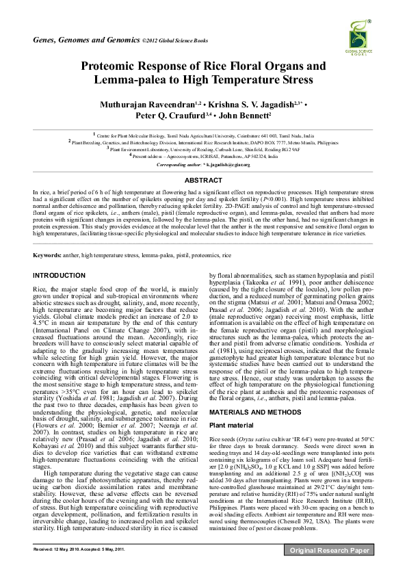 Proteomic Response of Rice Floral Organs and Lemma-palea to High ...