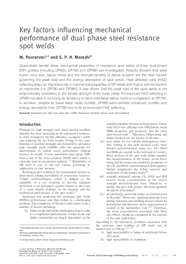 (PDF) Key factors influencing mechanical performance of dual phase steel resistance spot welds