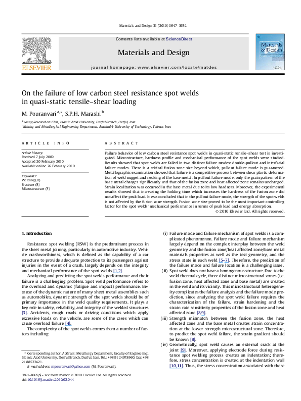 (PDF) On the failure of low carbon steel resistance spot welds in quasi-static tensile-shear loading