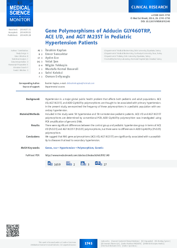 (PDF) GenePolymorphisms of Adducin GLY460TRP, ACE I/D, AND AGT M235T in ...