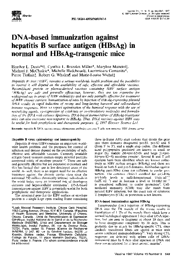 (PDF) DNA-based immunization against hepatitis B surface antigen (HBsAg ...