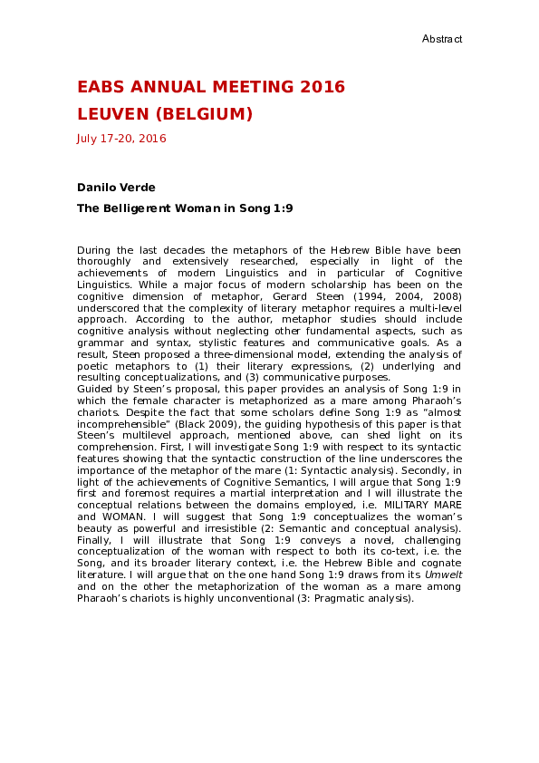 (DOC) The Belligerent Woman in Song 1:9 (EABS ANNUAL MEETING 2016 ...