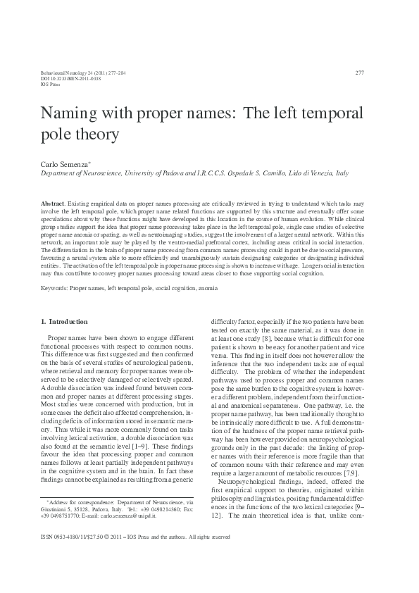 (PDF) Naming with Proper Names: The Left Temporal Pole Theory