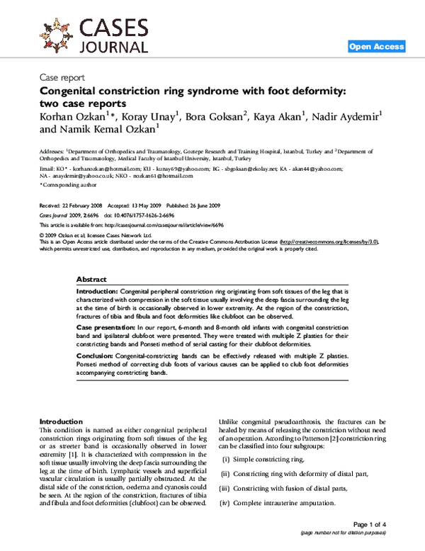(PDF) Congenital constriction ring syndrome with foot deformity: two ...