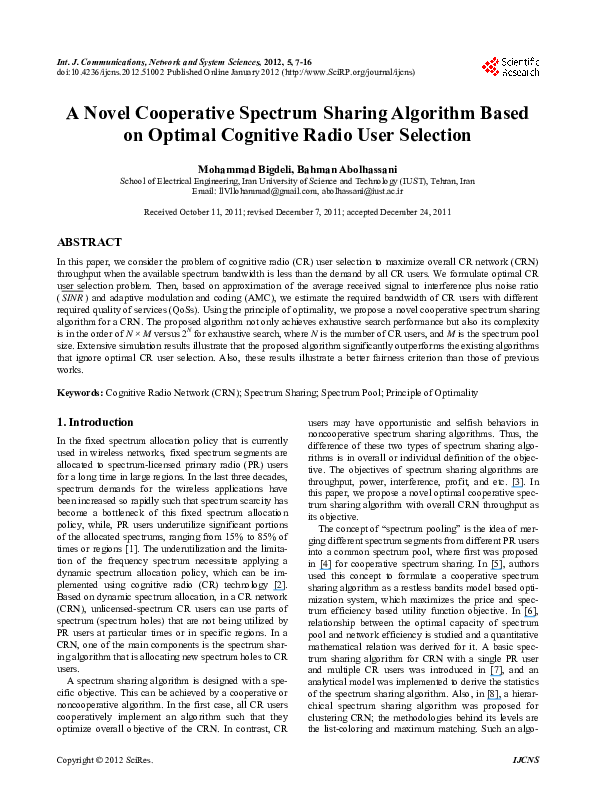 Pdf A Novel Cooperative Spectrum Sharing Algorithm Based On Optimal Cognitive Radio User Selection