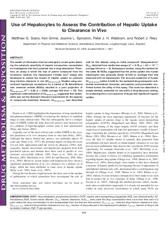 (PDF) Use of Hepatocytes to Assess the Contribution of Hepatic Uptake ...