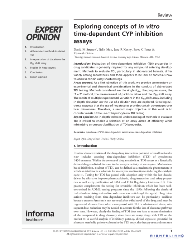 (PDF) Exploring concepts of in vitro time-dependent CYP inhibition assays