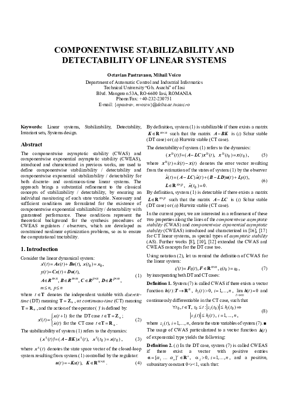 (PDF) Componentwise stabilizability and detectability of linear systems