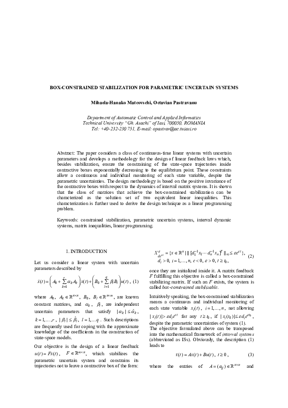 (PDF) Box-const-rained stabilization for parametric uncertain systems