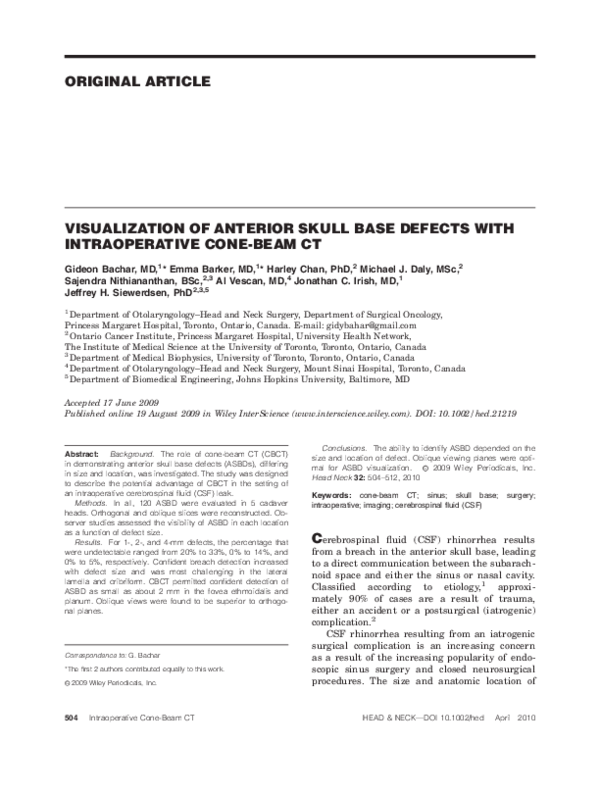 (PDF) Visualization of anterior skull base defects with intraoperative cone-beam CT