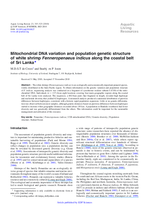 (PDF) Mitochondrial DNA variation and population genetic structure of ...