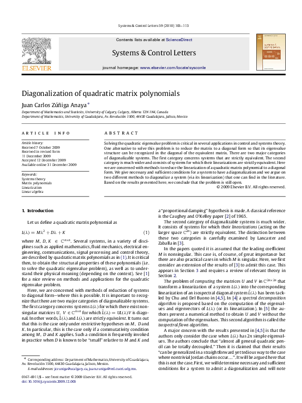 Pdf Diagonalization Of Quadratic Matrix Polynomials
