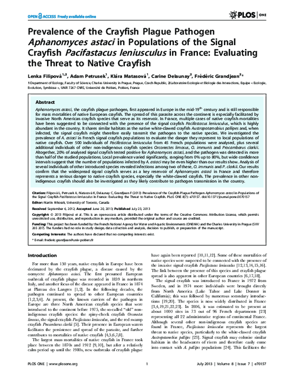 (PDF) Prevalence of the Crayfish Plague Pathogen Aphanomyces astaci in ...