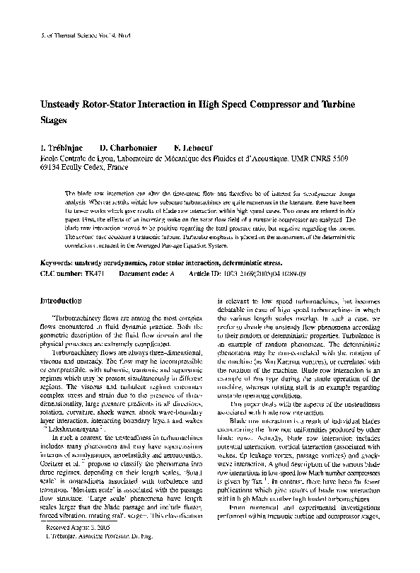 (PDF) Unsteady rotor-stator interaction in high speed compressor and turbine stages