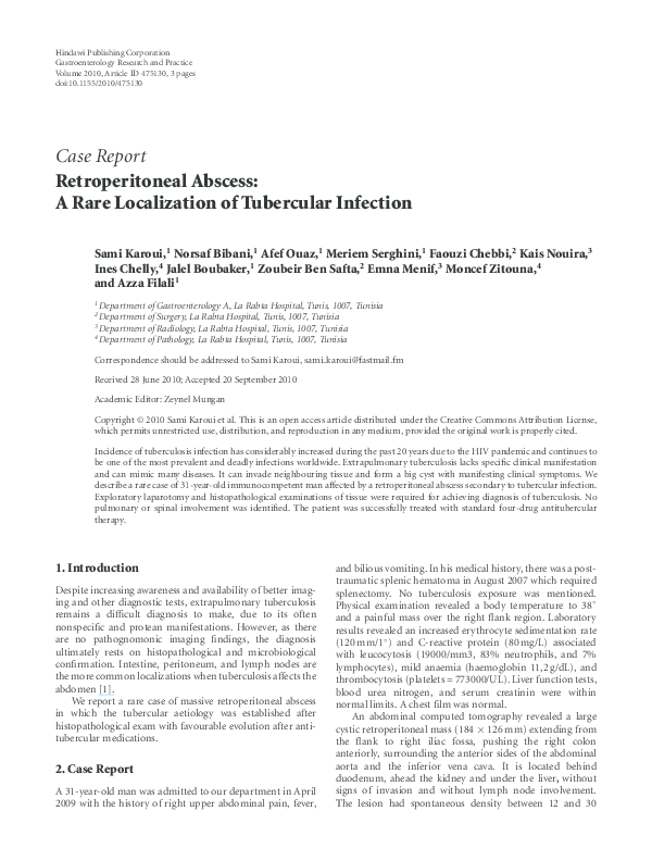 (PDF) Retroperitoneal Abscess: A Rare Localization of Tubercular Infection