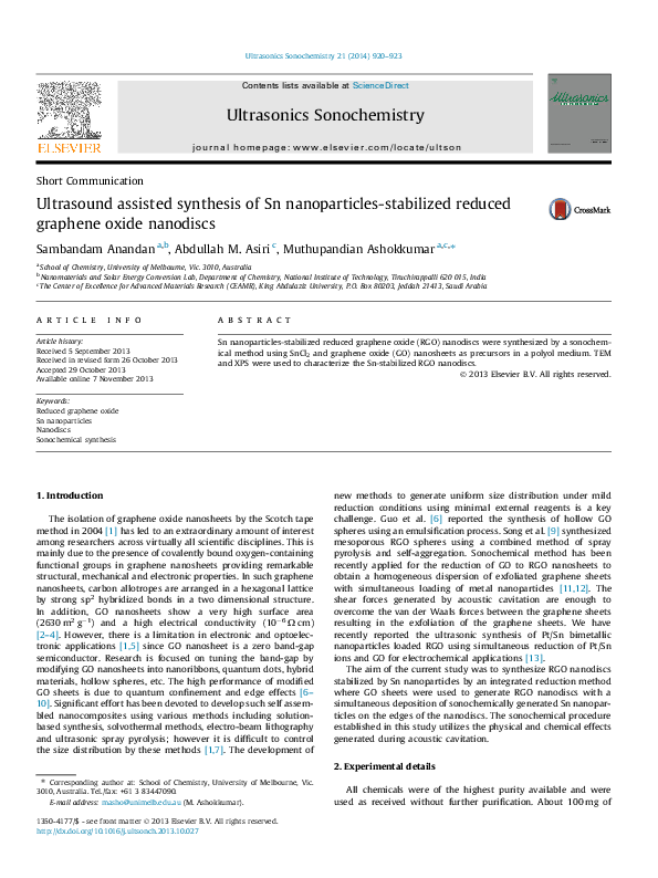 (PDF) Ultrasound assisted synthesis of Sn nanoparticles-stabilized reduced graphene oxide nanodiscs