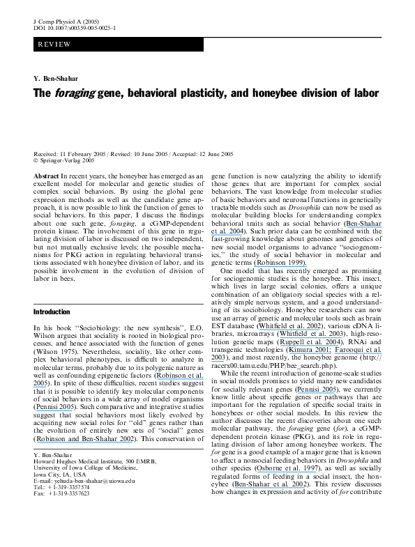(PDF) The foraging gene, behavioral plasticity, and honeybee division ...