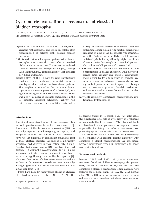 (PDF) Cystometric evaluation of reconstructed classical bladder exstrophy
