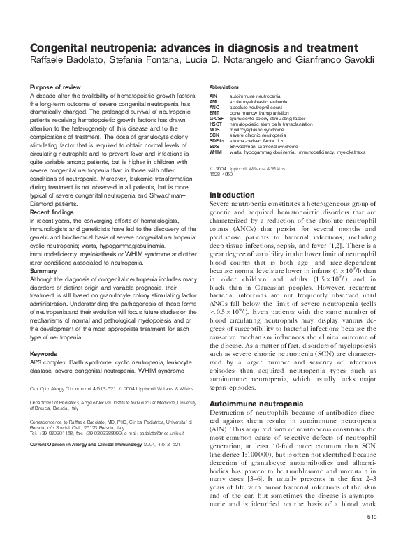 (PDF) Congenital neutropenia: advances in diagnosis and treatment