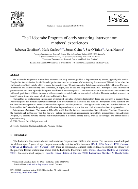 (PDF) The lidcombe program of early stuttering intervention