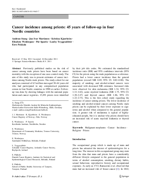 (PDF) Cancer incidence among priests: 45 years of follow-up in four ...