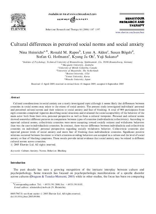 (PDF) Cultural differences in perceived social norms and social anxiety