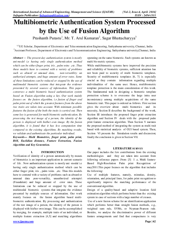 Pdf Multibiometric Authentication System Processed By The Use Of Fusion Algorithm Ijaems