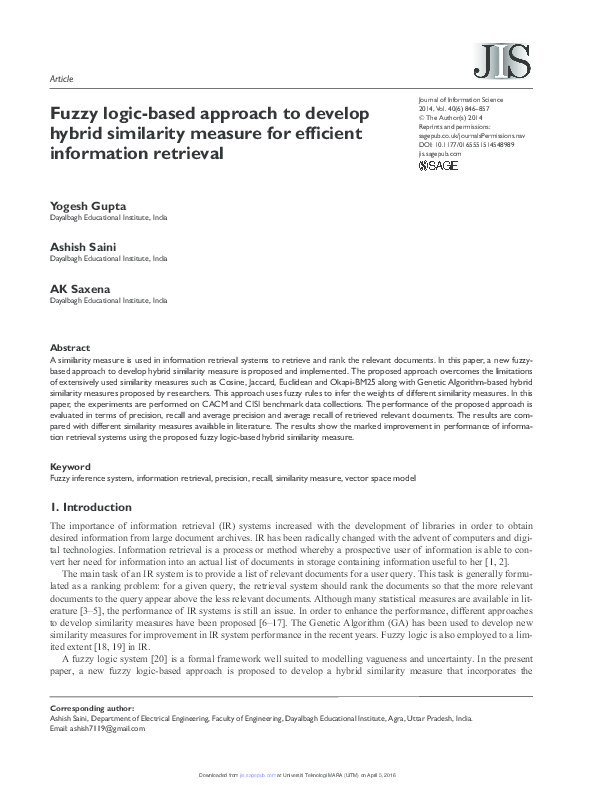 Pdf Fuzzy Logic Based Approach To Develop Hybrid Similarity Measure For Efficient Information