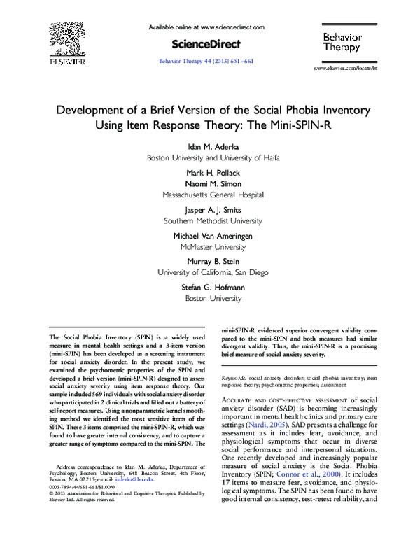 (PDF) Development of a Brief Version of the Social Phobia Inventory ...