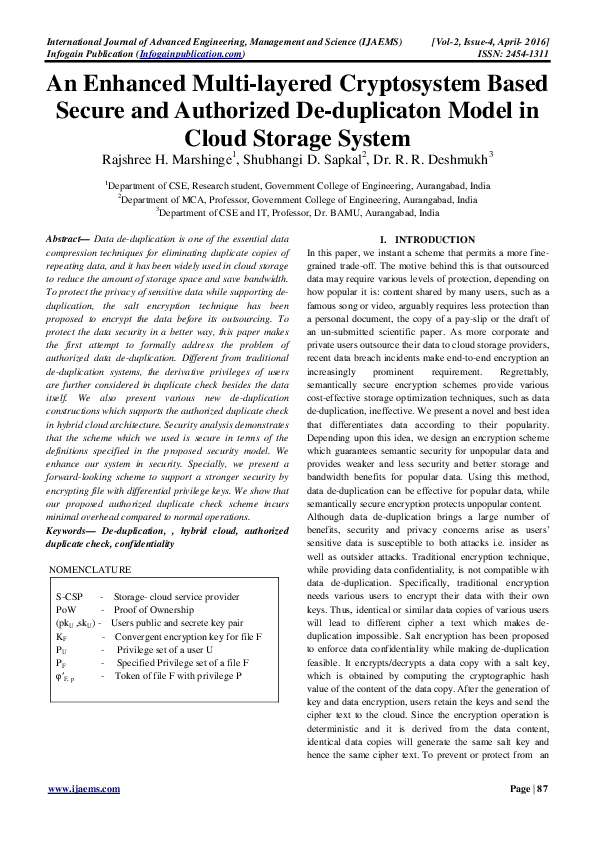 (PDF) An Enhanced Multi-layered Cryptosystem Based Secure and Authorized De-duplicaton Model in ...