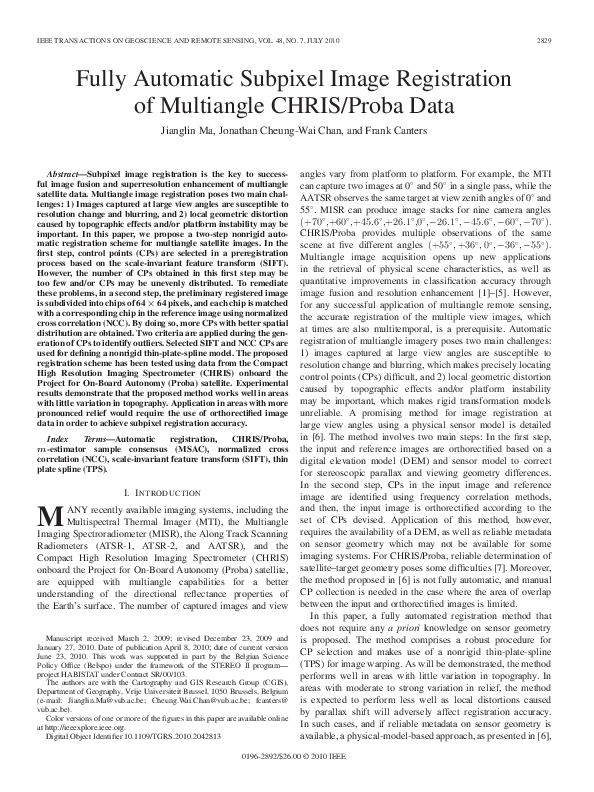 Pdf Fully Automatic Subpixel Image Registration Of Multiangle Chris Proba Data