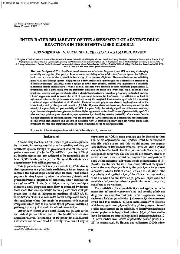 (PDF) Inter-rater reliability of the assessment of adverse drug ...