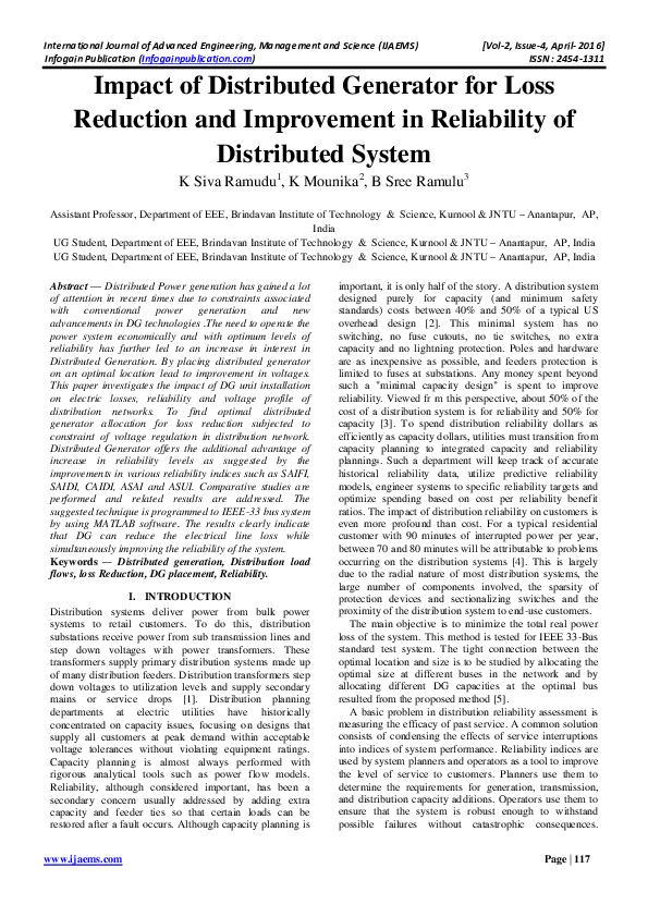 (PDF) Impact of Distributed Generator for Loss Reduction and Improvement in Reliability of ...
