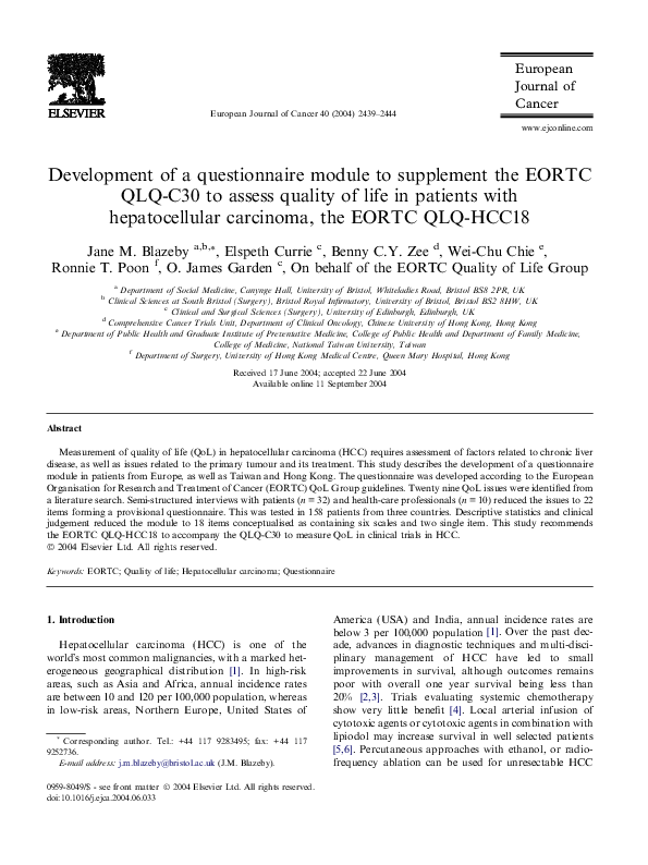 (PDF) Development of a questionnaire module to supplement the EORTC QLQ-C30 to assess quality of ...
