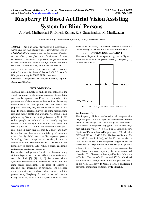 (PDF) Raspberry PI Based Artificial Vision Assisting System for Blind ...