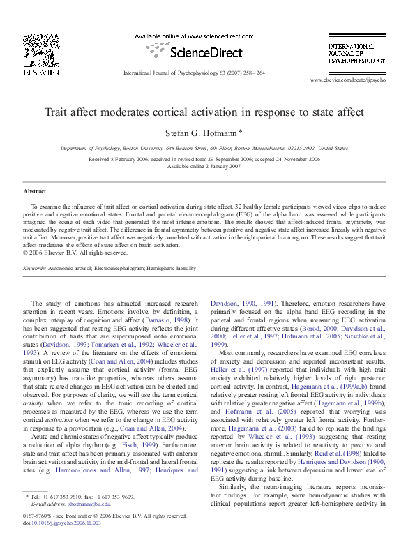 Pdf Trait Affect Moderates Cortical Activation In Response To State